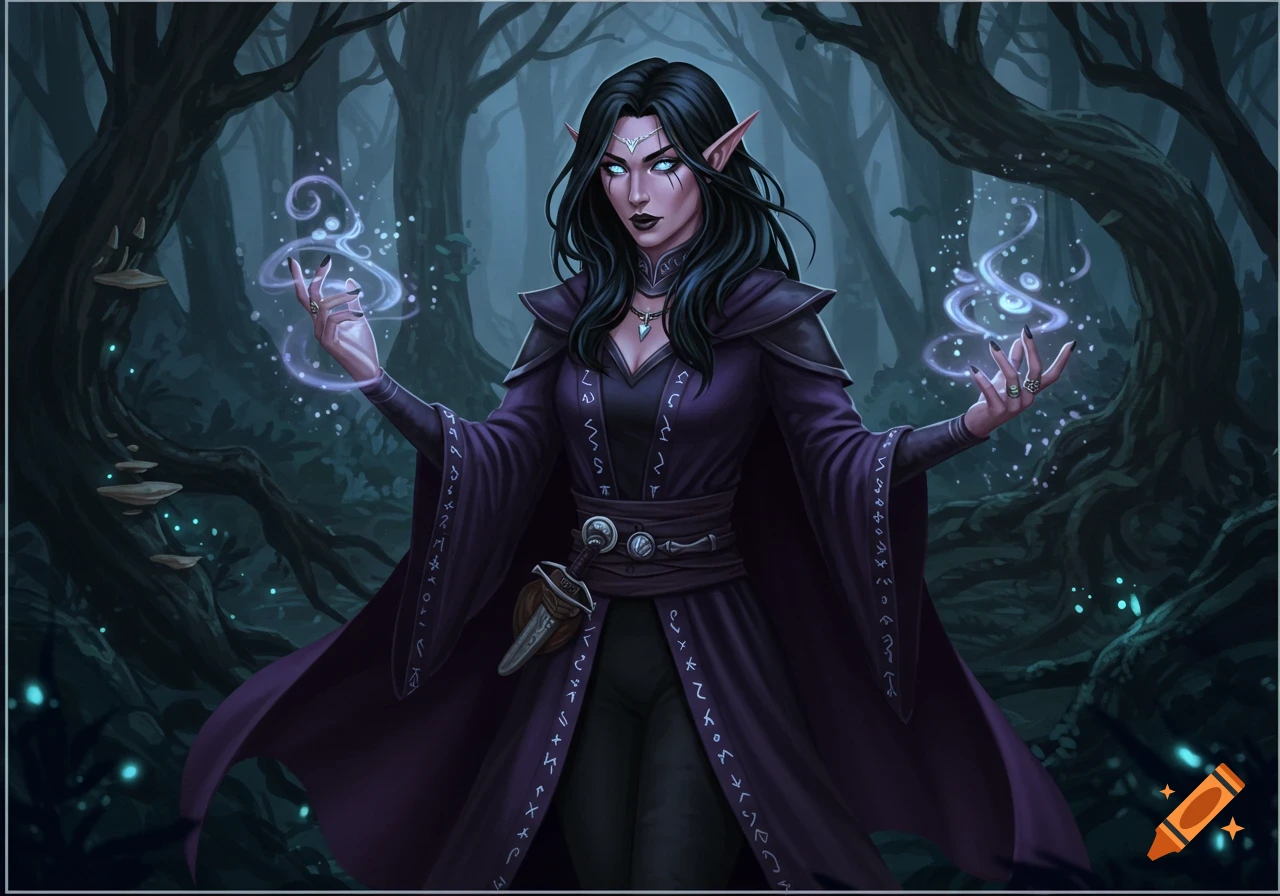 Dark-haired female half-elf warlock with glowing blue eyes casting a ...