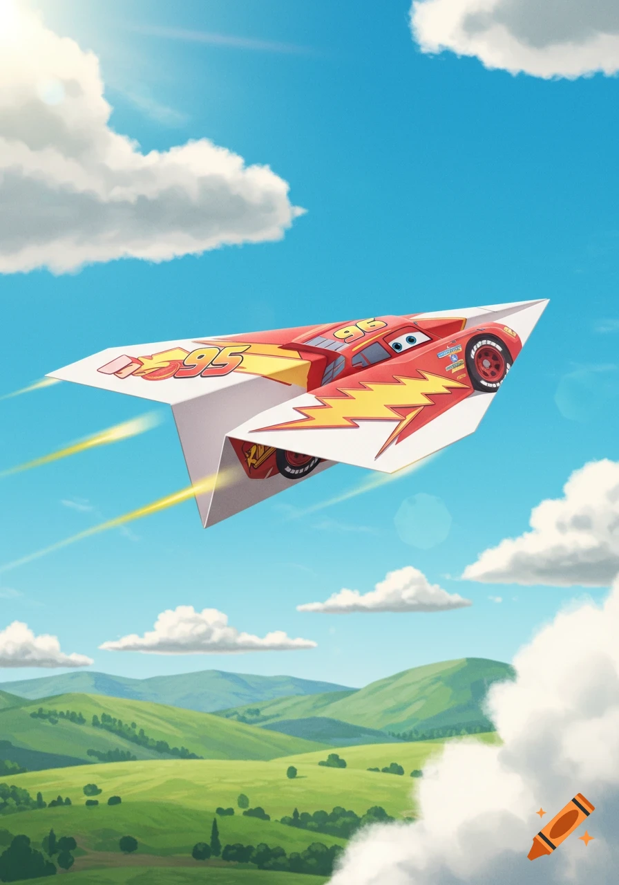 A cartoon paper airplane designed as Lightning McQueen flies through a ...