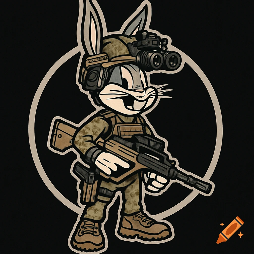 A cartoon Bugs Bunny dressed in full military camouflage, wearing a ...