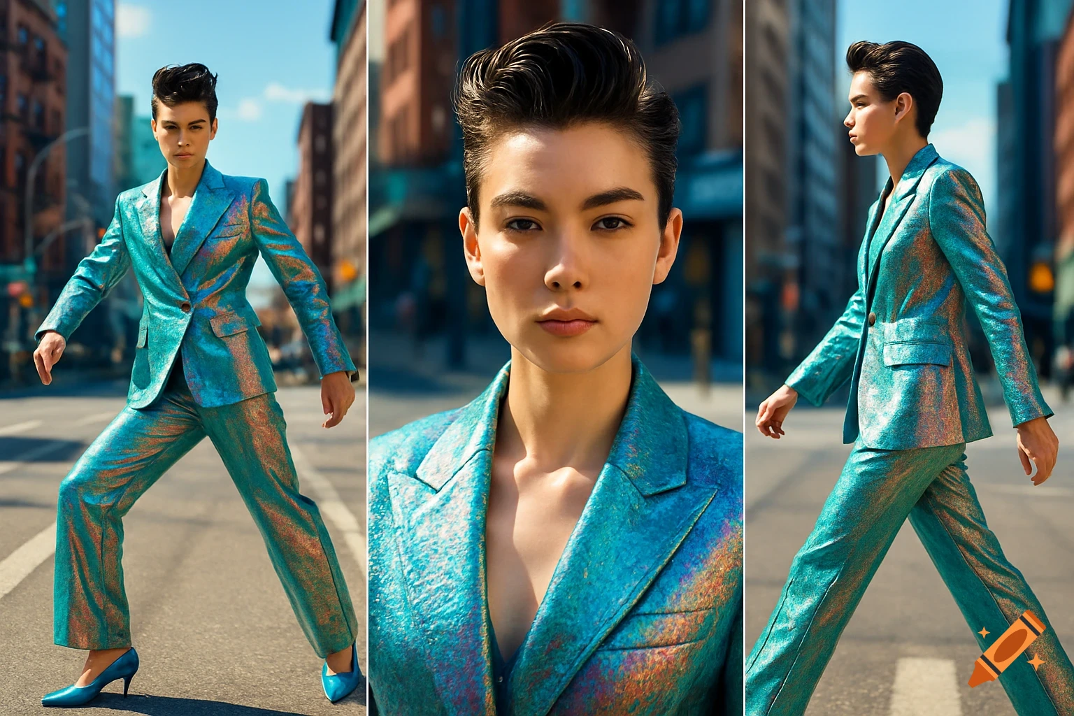 Photorealistic triptych of a person in a shimmering teal suit ...