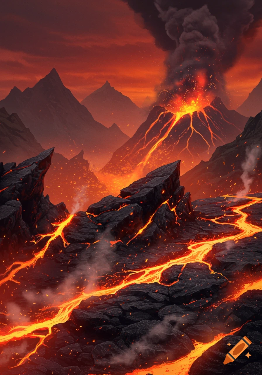 An epic volcanic landscape with bright orange lava flowing from an ...