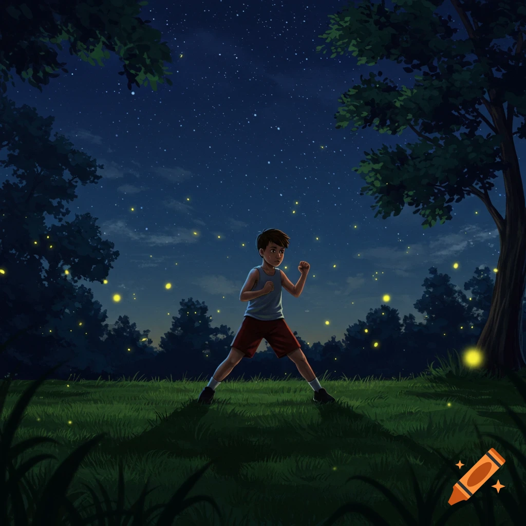 A young boy in a fighting stance in a grassy field at night, with ...