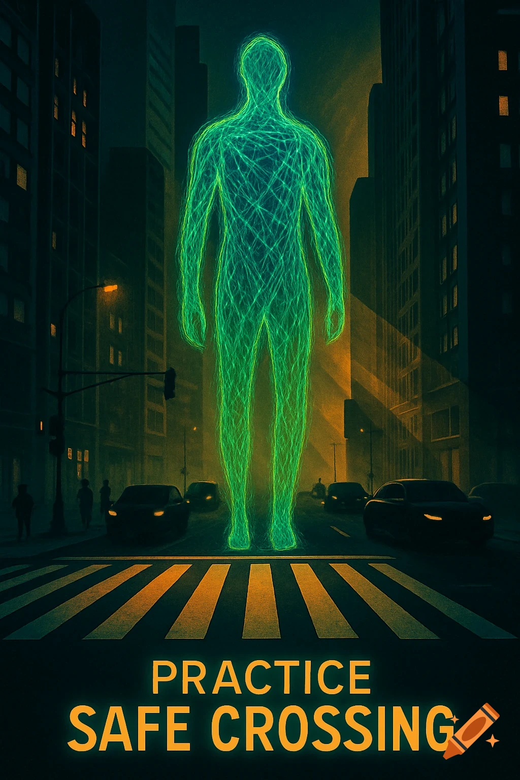A digital art poster featuring a large, glowing green humanoid figure ...