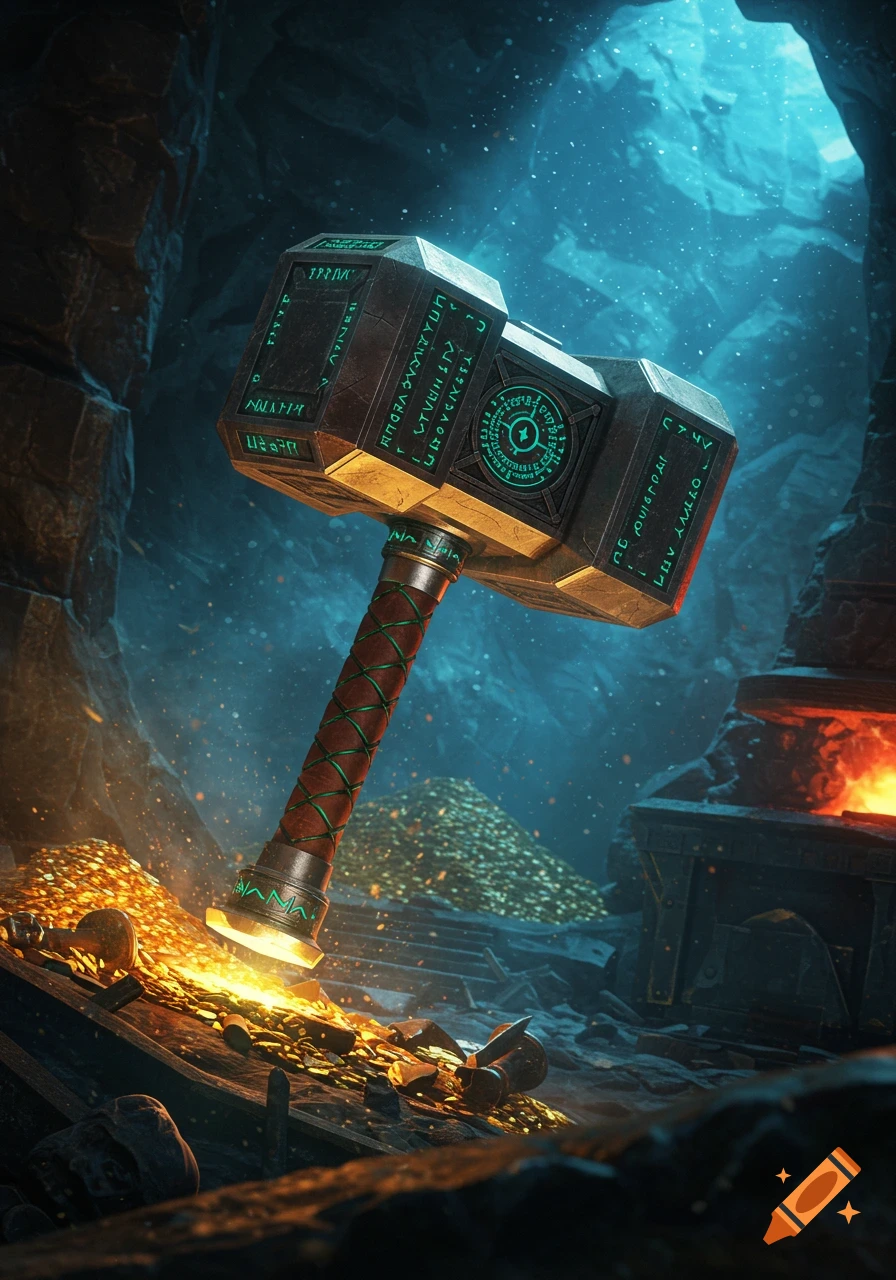 A glowing fantasy hammer with green runes stands upright in a pile of ...