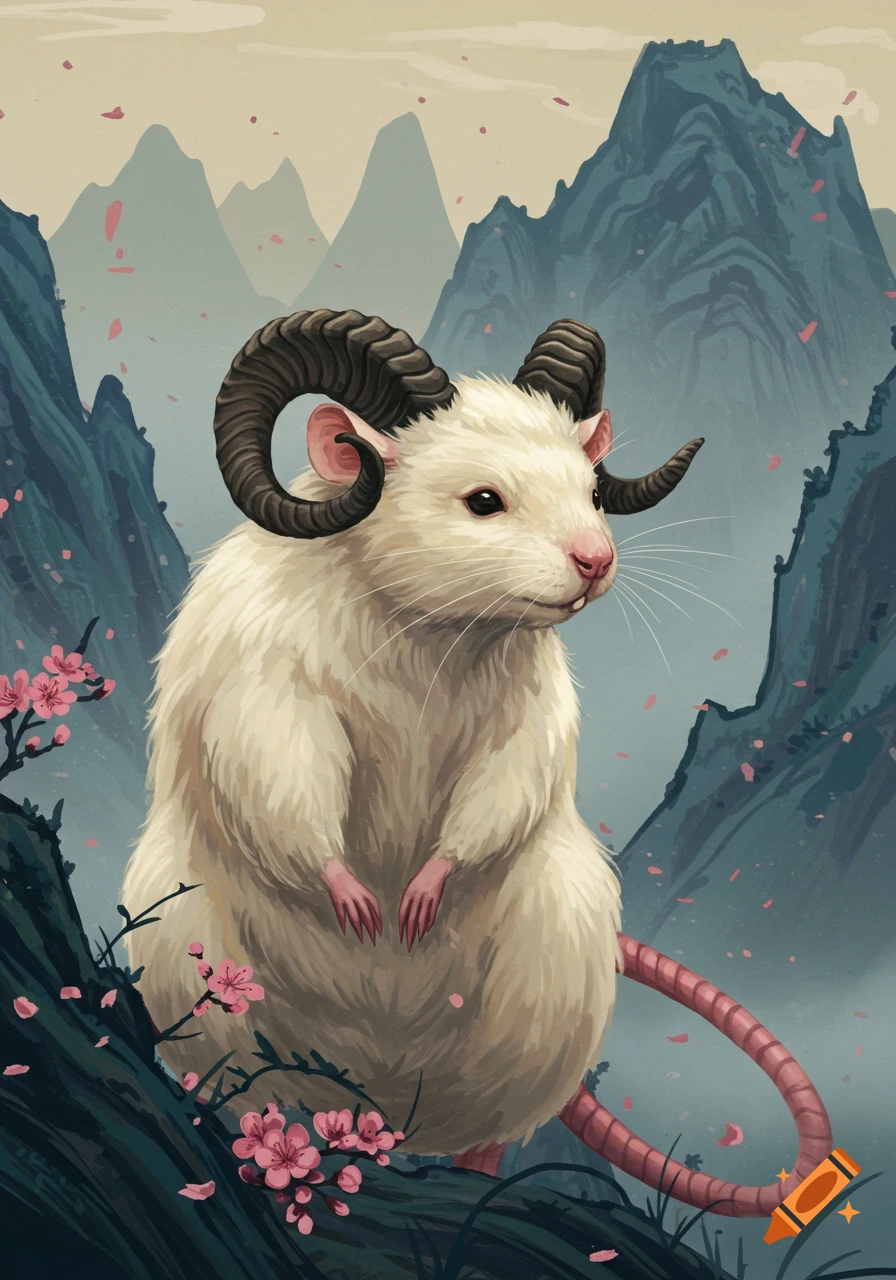 A white rat-like creature with ram horns and woolly fur, surrounded by ...