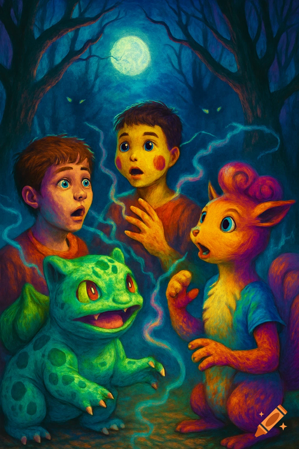 Two boys and two Pokémon-like creatures, a Bulbasaur and a squirrel ...