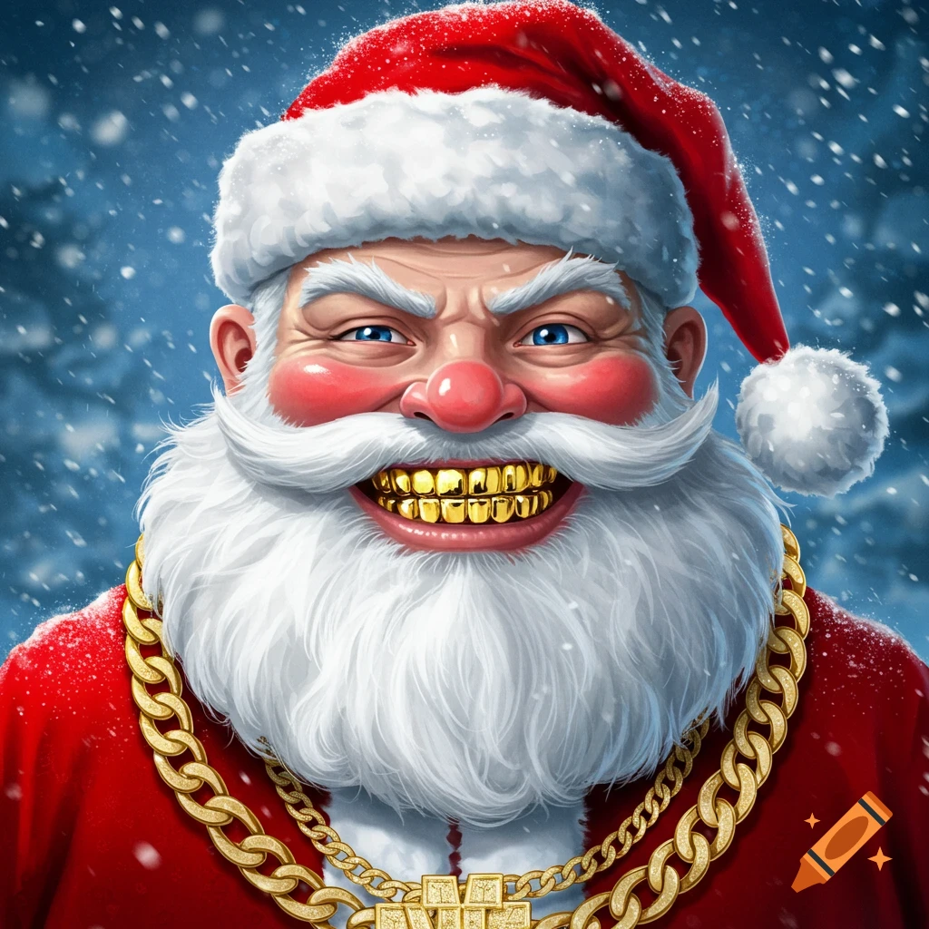 Close-up of a smiling Santa Claus with gold teeth (a 'gold grill') and ...