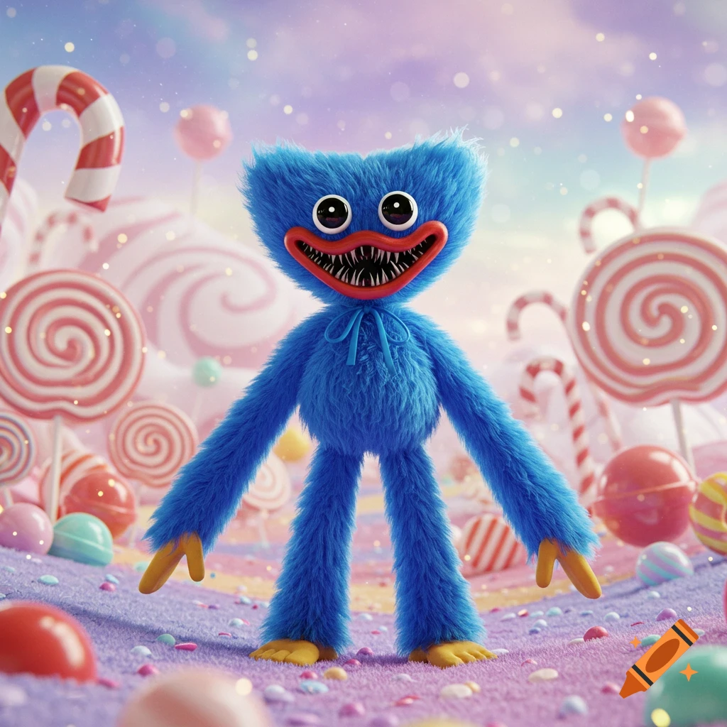 A blue furry monster with sharp teeth, large eyes, and long limbs ...