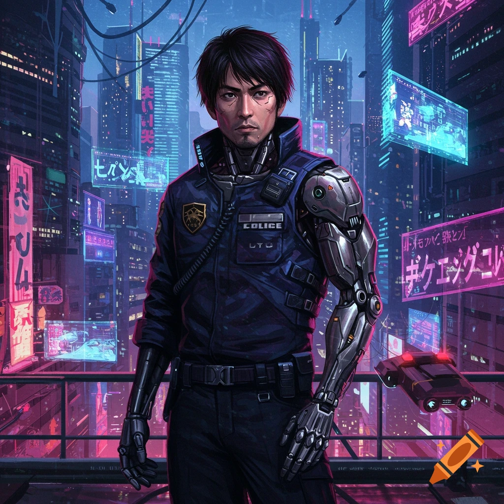 A young Japanese man with dark hair and a cybernetic arm in a police ...