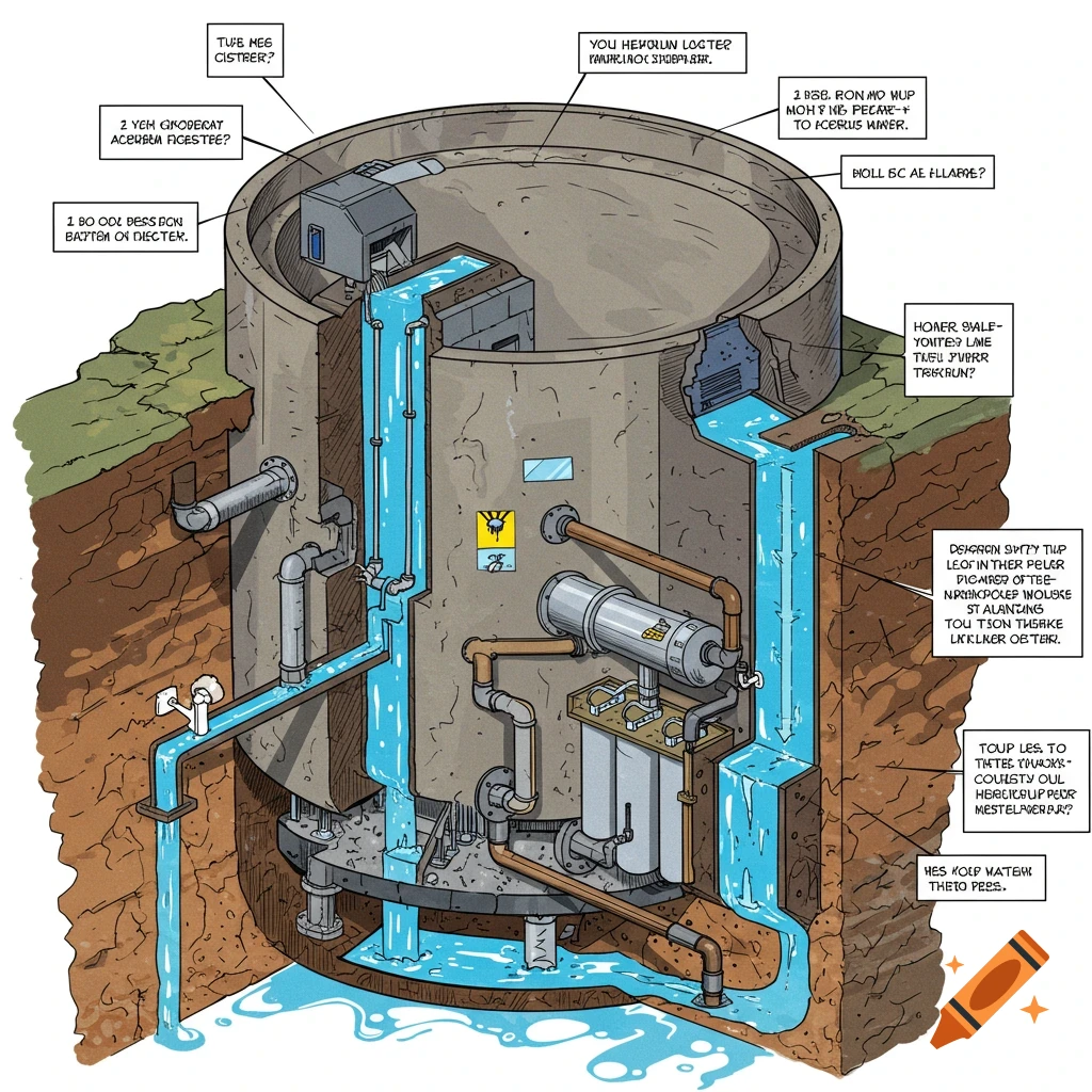 Comic style cross-section diagram of a concrete cistern showing ...