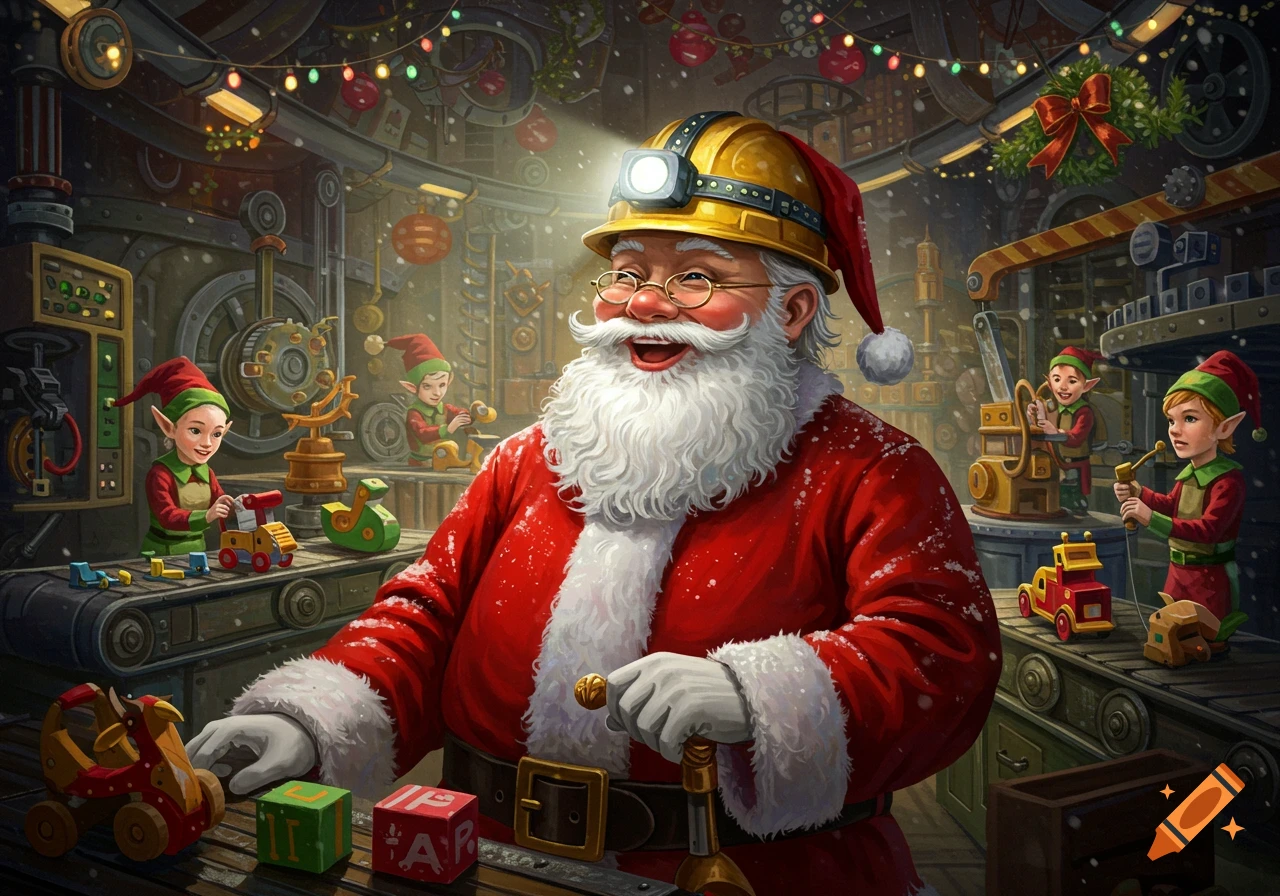 Santa Claus wearing a hard hat with a light works in his festive toy ...