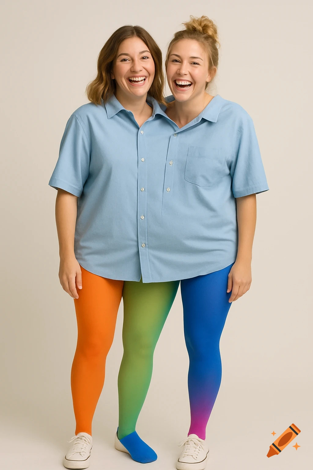 Two smiling women in a fun conjoined illusion, sharing a blue shirt and ...