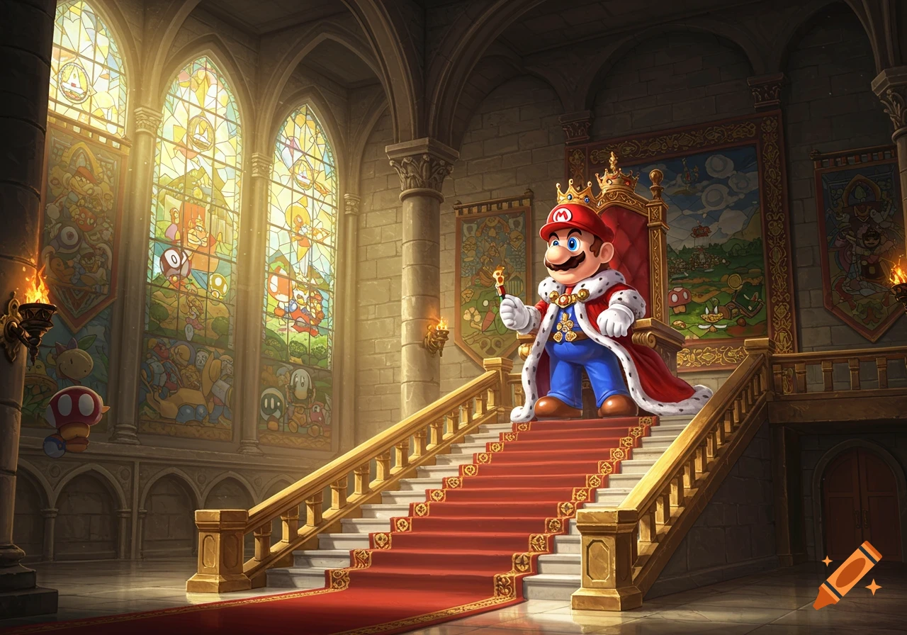 Mario as a king, wearing a red cape and crown, stands on a grand ...