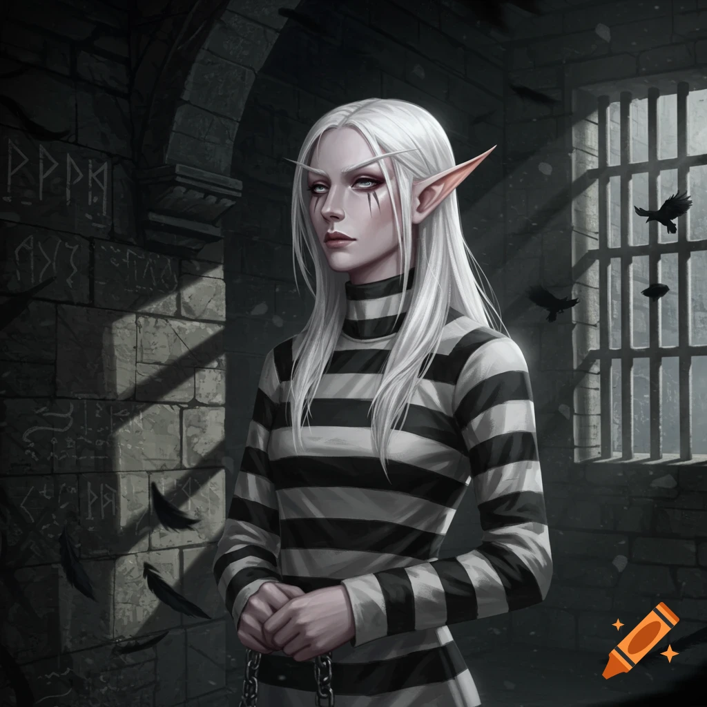 A female high elf with long white hair and pointed ears wears a striped ...