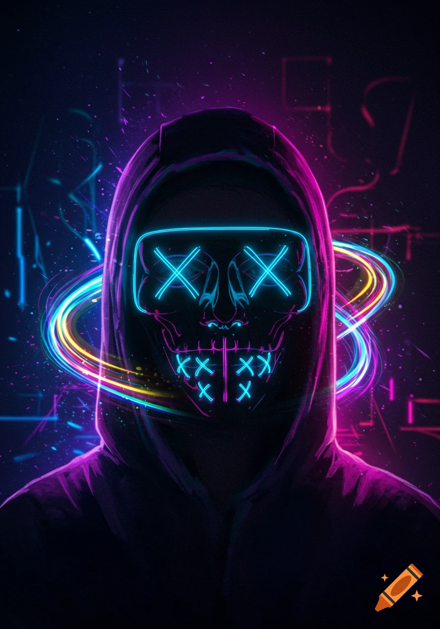 A masked figure in a dark hoodie with glowing blue neon X's for eyes ...