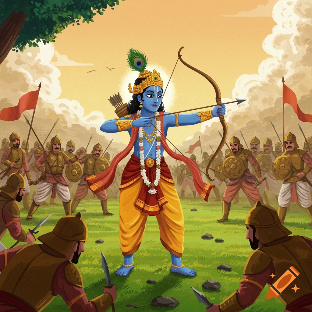 A blue-skinned figure, likely Krishna or Rama, in a golden crown and ...