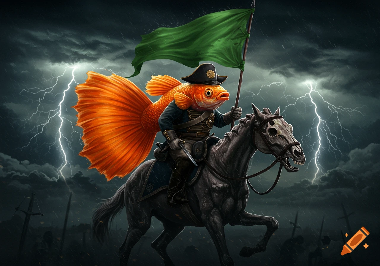 Highly detailed illustration of a goldfish in a military uniform riding ...