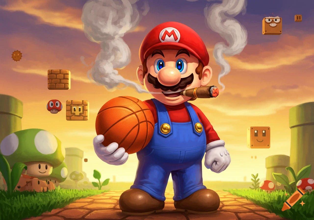 Super Mario smoking a cigar and holding a basketball, standing on a ...