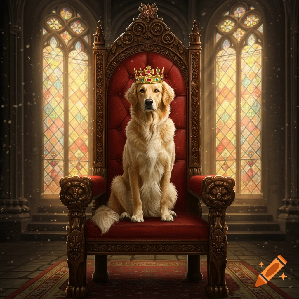 A regal golden retriever dog wearing a gold crown sits on an ornate red ...