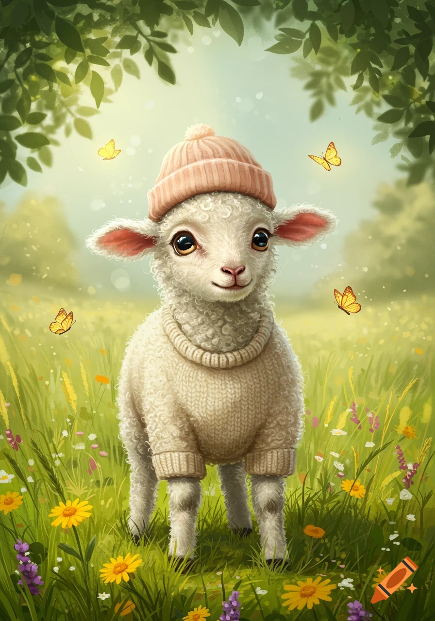 A cute cartoon merino lamb wearing a pink beanie and a cream wool ...