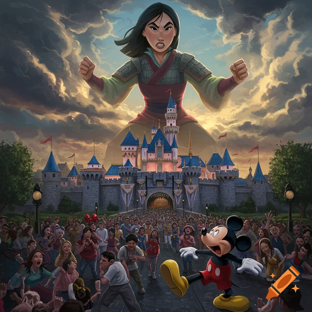A giant Mulan stands over a Disneyland castle as Mickey Mouse and a ...