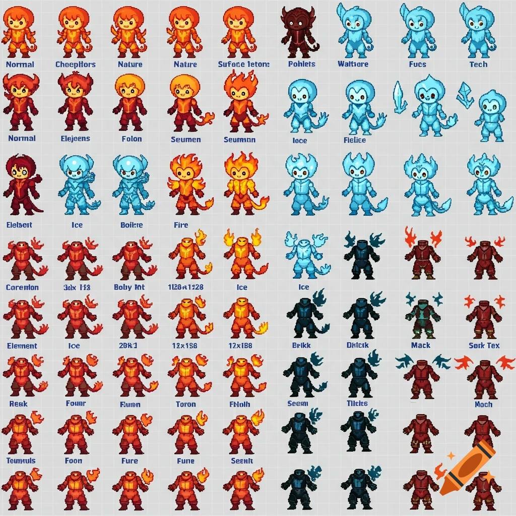 A pixel art sprite sheet displaying a grid of elemental critter ...