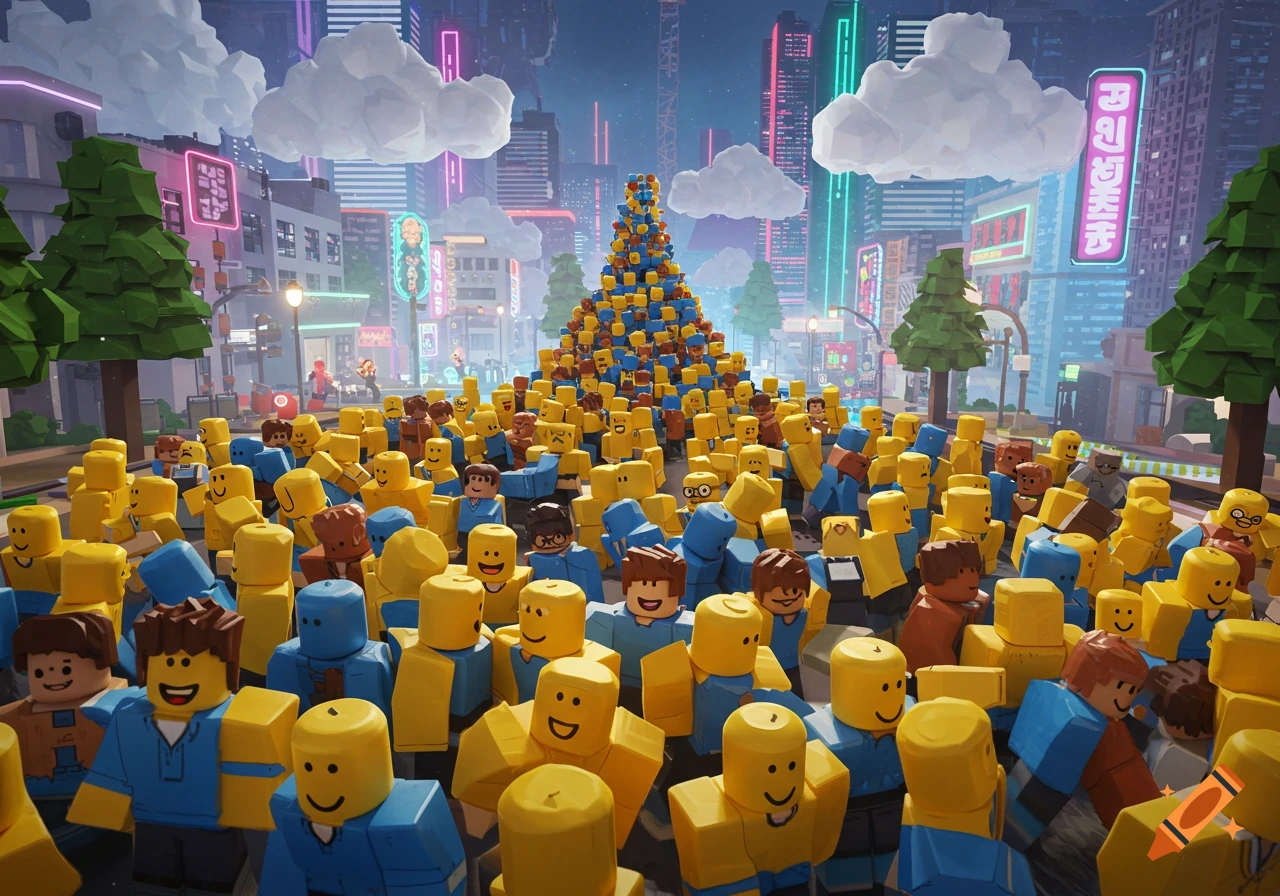 A crowd of blocky yellow and blue Roblox noob-like characters fills a ...