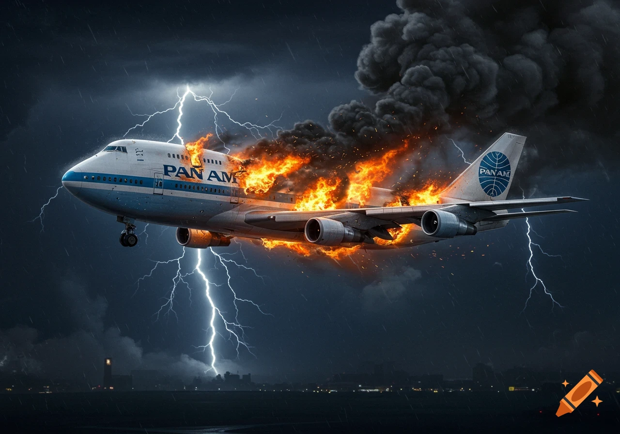 A large Pan Am 747 airplane on fire, flying through a dark, stormy sky ...