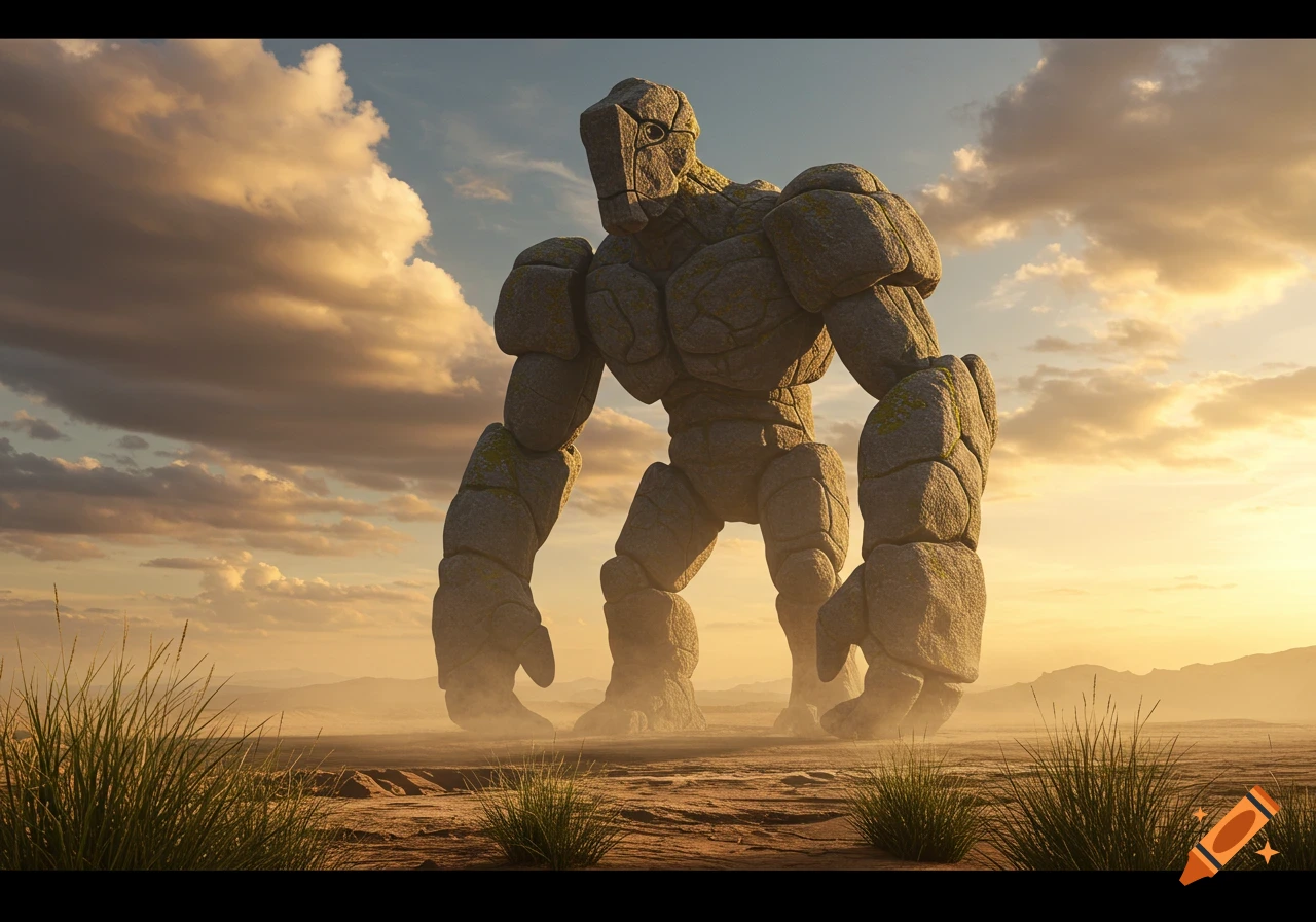 A massive, anthropomorphic rock monster stands in a dusty desert ...