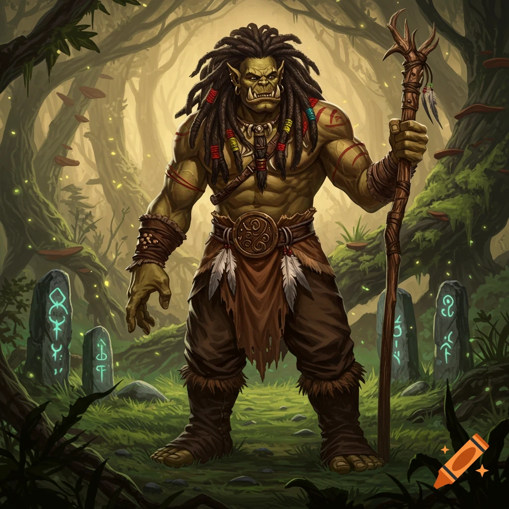 A formidable green-skinned male orc with dreadlocks and tribal attire ...