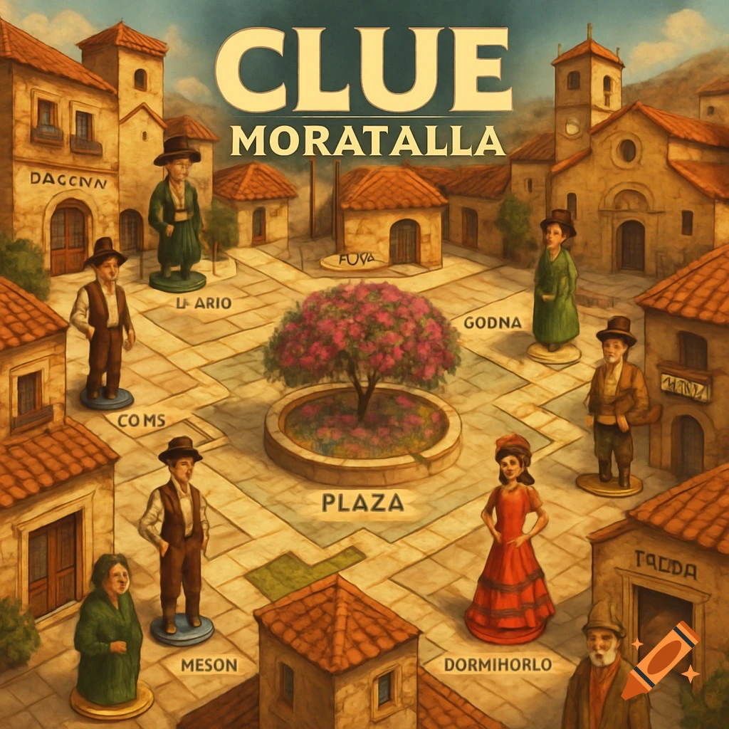 An illustration of a Clue-style game board set in a Spanish village ...