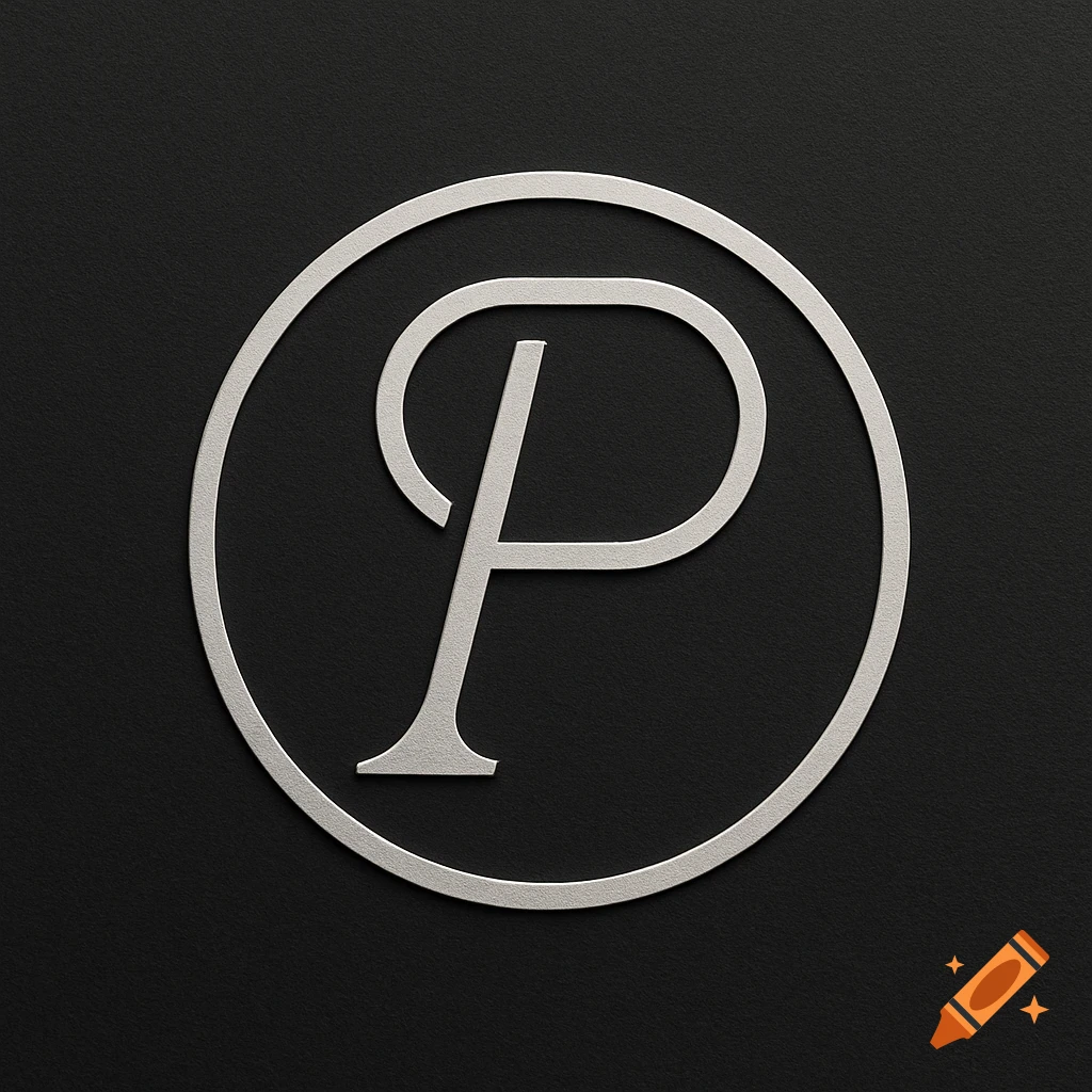A silver stylized letter P inside a circle, on a dark textured ...