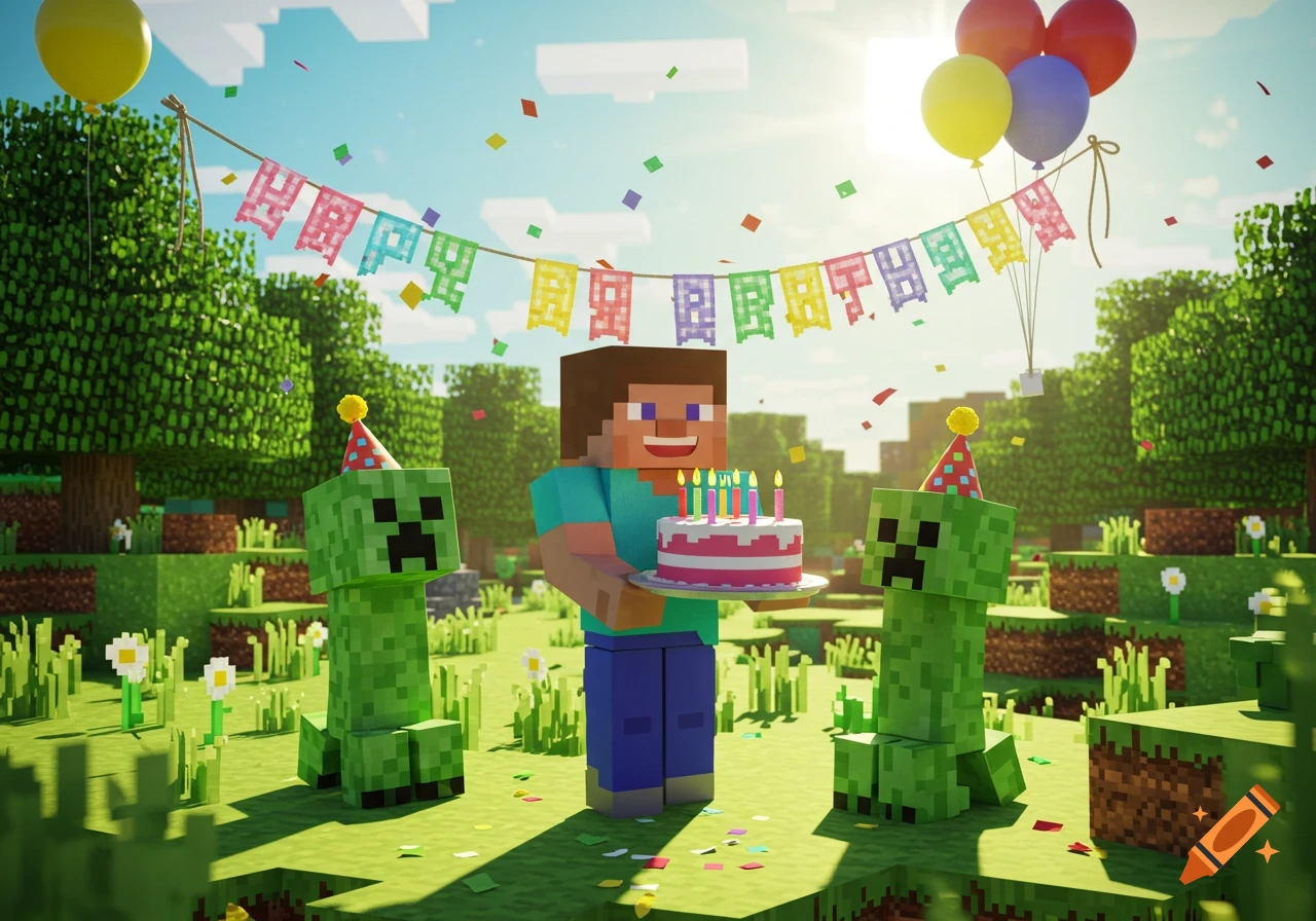 Minecraft Steve holds a birthday cake, flanked by two Creepers wearing party hats, under a ...