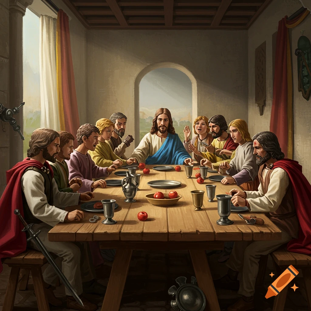 Painting of Jesus and his disciples at a long wooden table, sharing a ...