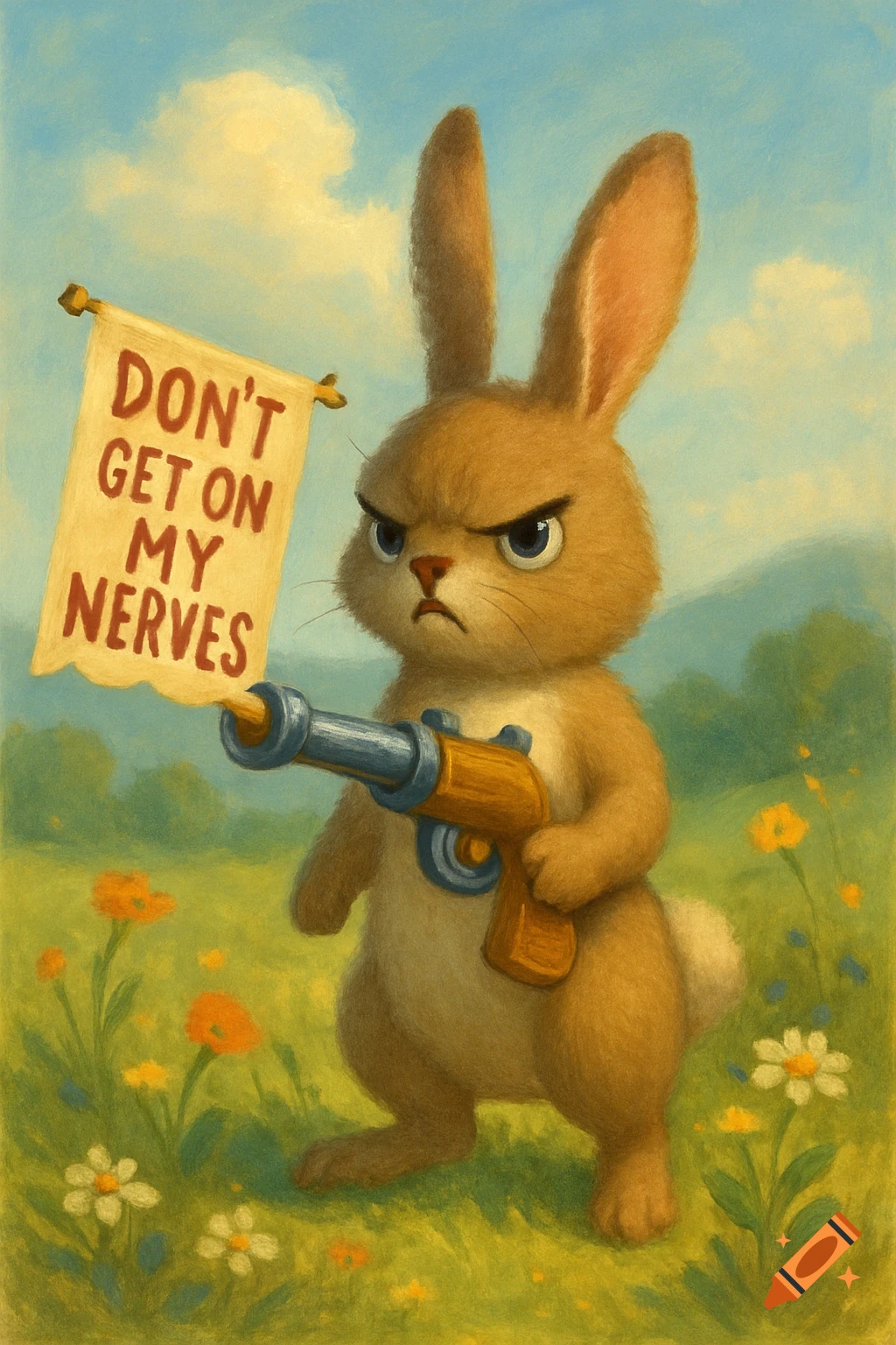 A grumpy brown rabbit holds a cartoon gun and a banner that reads 'DON ...