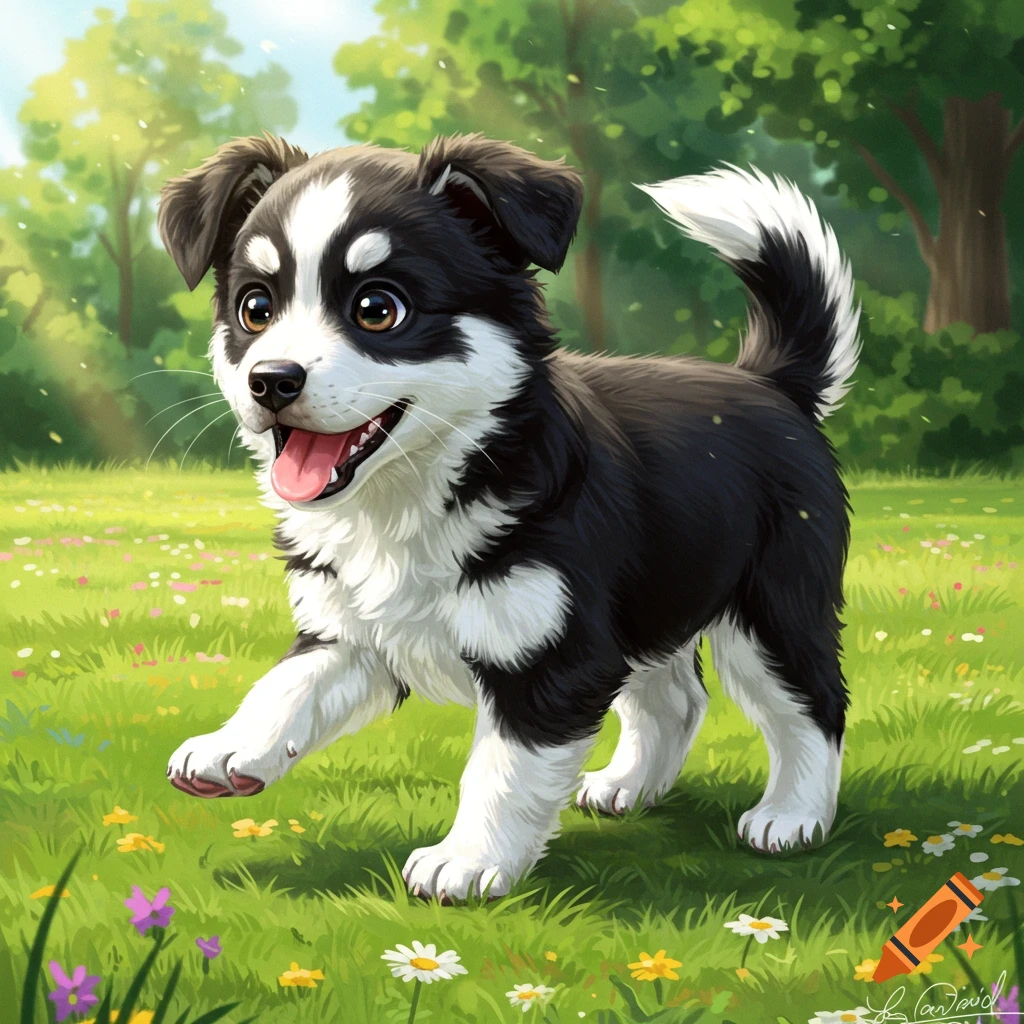 A cute, energetic black and white puppy with big eyes and wagging tail runs happily through a ...