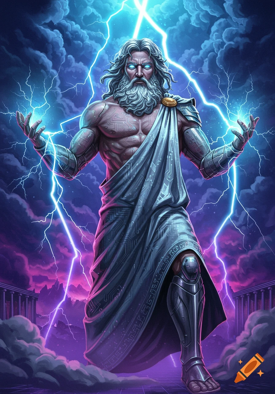 An epic, futuristic illustration of Zeus, a muscular man with white ...