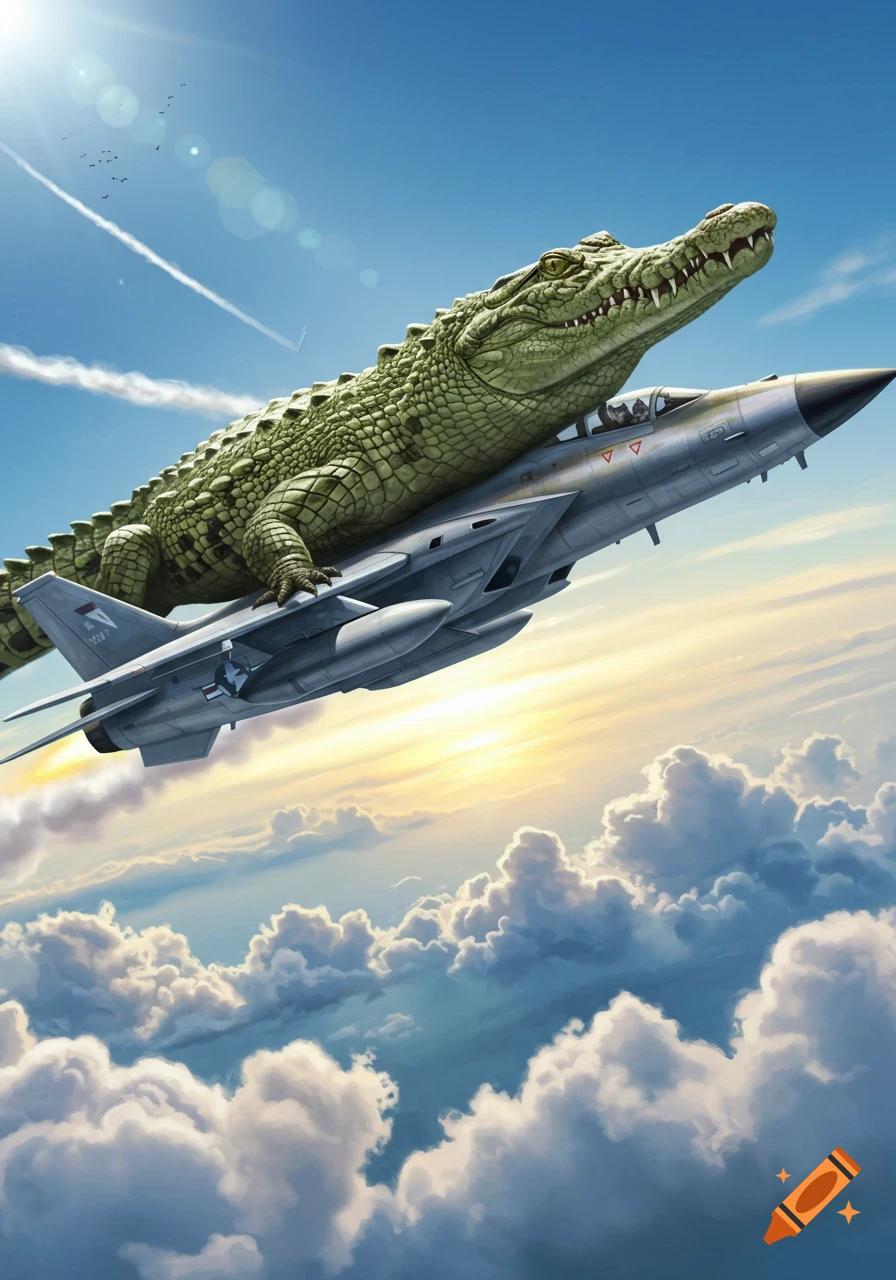 A large green crocodile rides on the back of a grey fighter jet flying ...