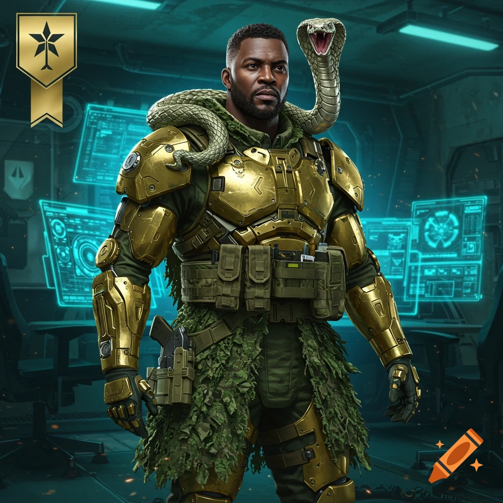A man in golden futuristic armor and a green ghillie suit, with a snake ...