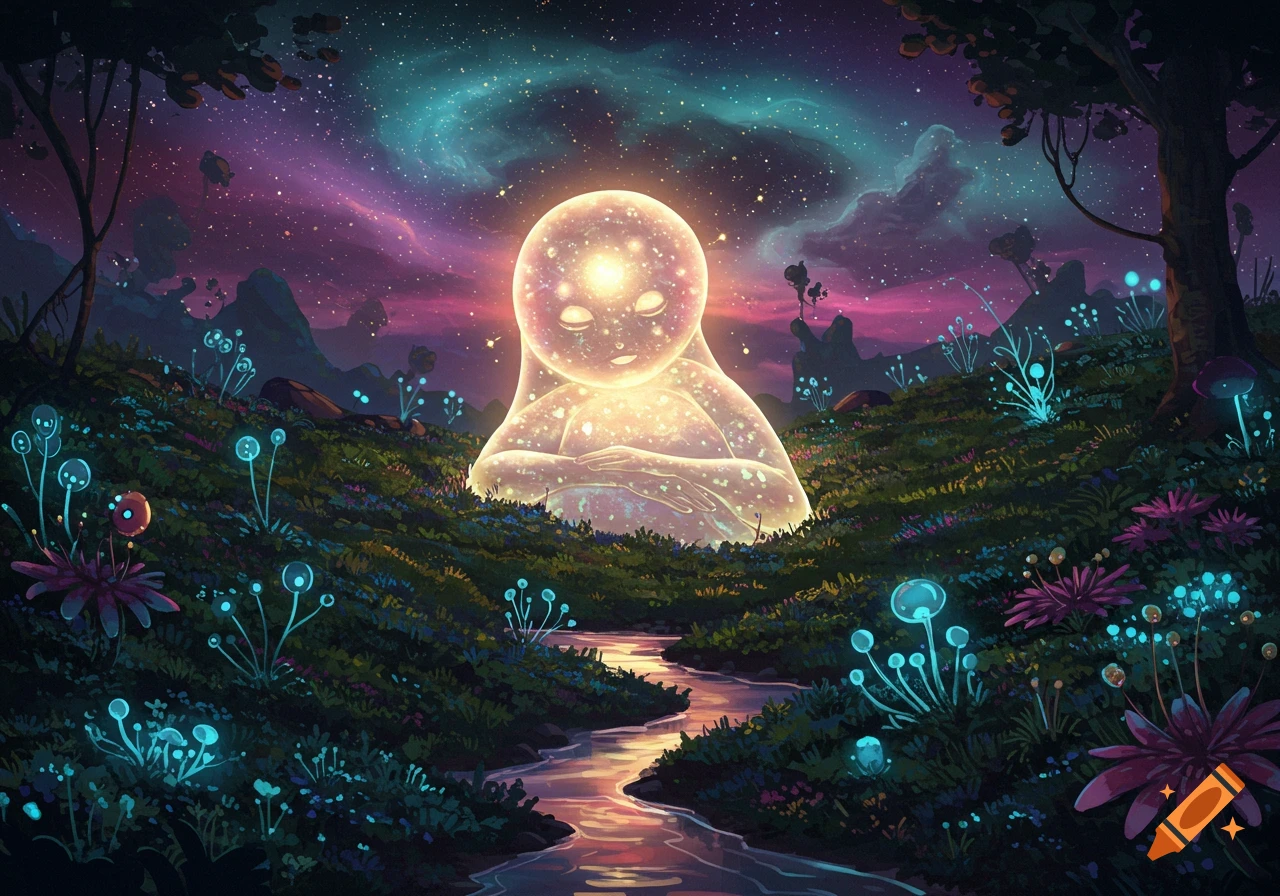 Glowing, ethereal figure rests in a vibrant, lush alien landscape with ...