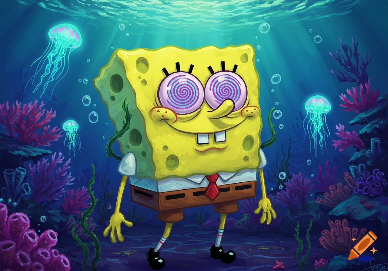 Spongebob Squarepants with large, purple swirly eyes, floating ...