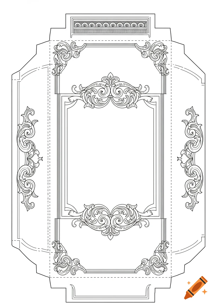 Black and white line art template for a book box, featuring baroque ...