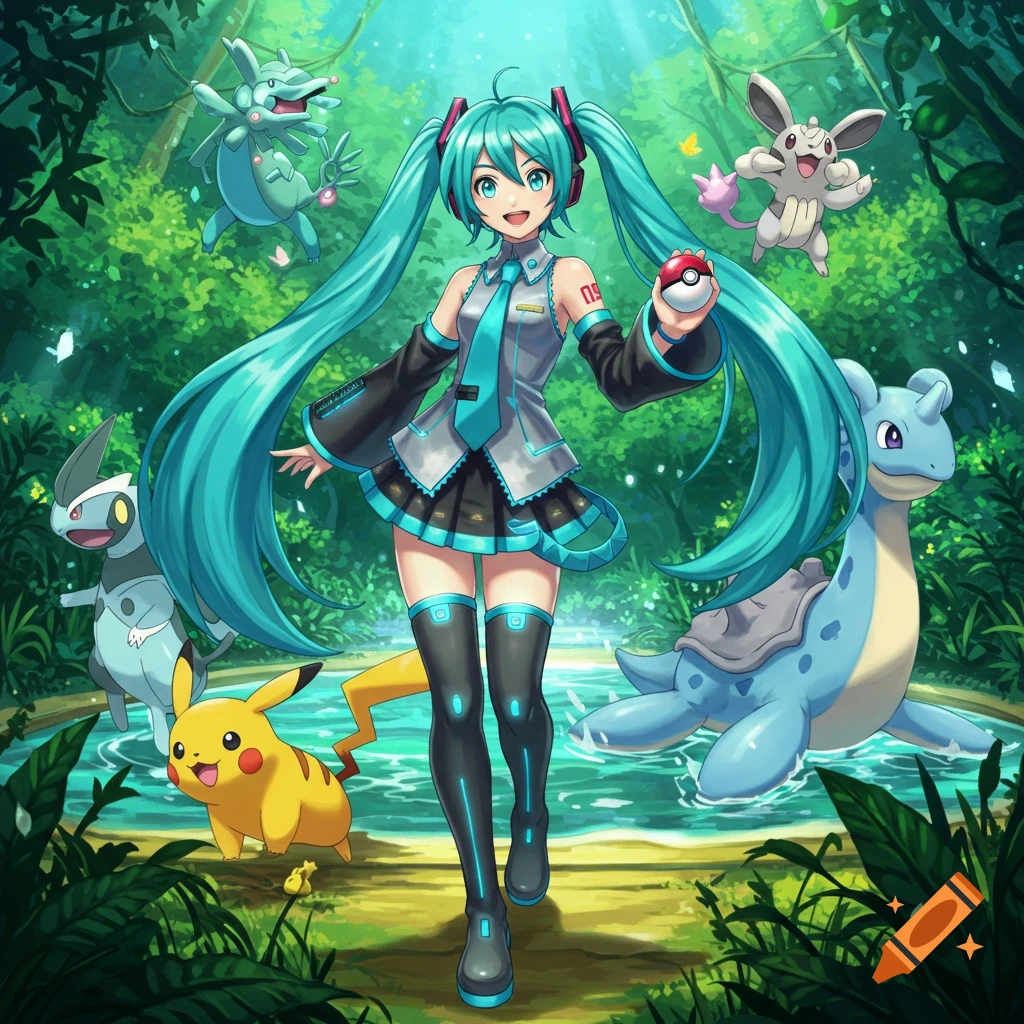 Hatsune Miku as a Pokémon trainer with Pikachu, Lapras, and other ...