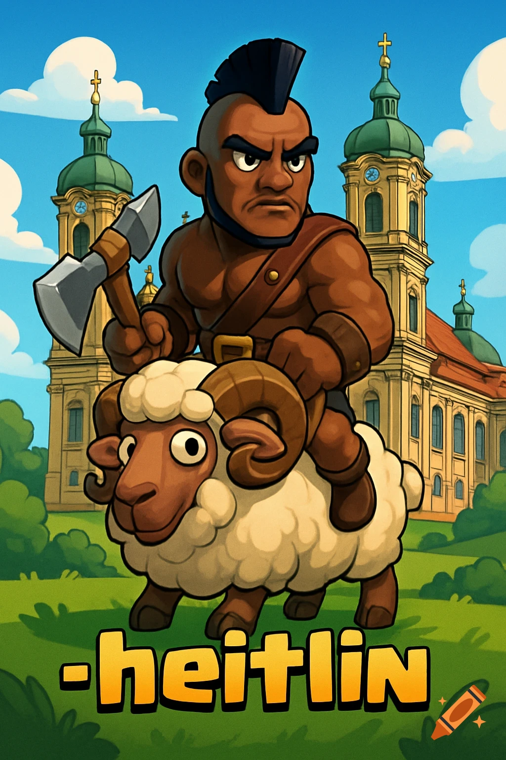 A cartoon warrior with a mohawk and an axe rides a sheep in front of a ...