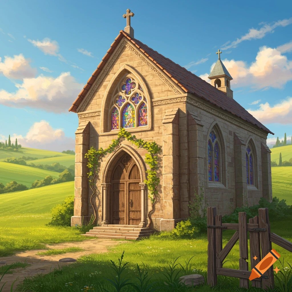 A stylized illustration of a stone rural church chapel with stained ...