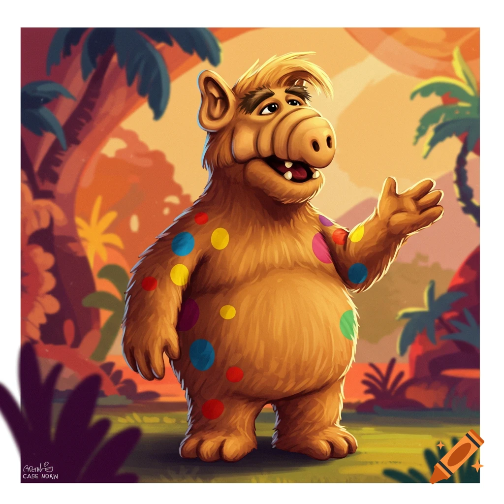 A furry, brown, cartoonish alien character with colorful spots stands ...