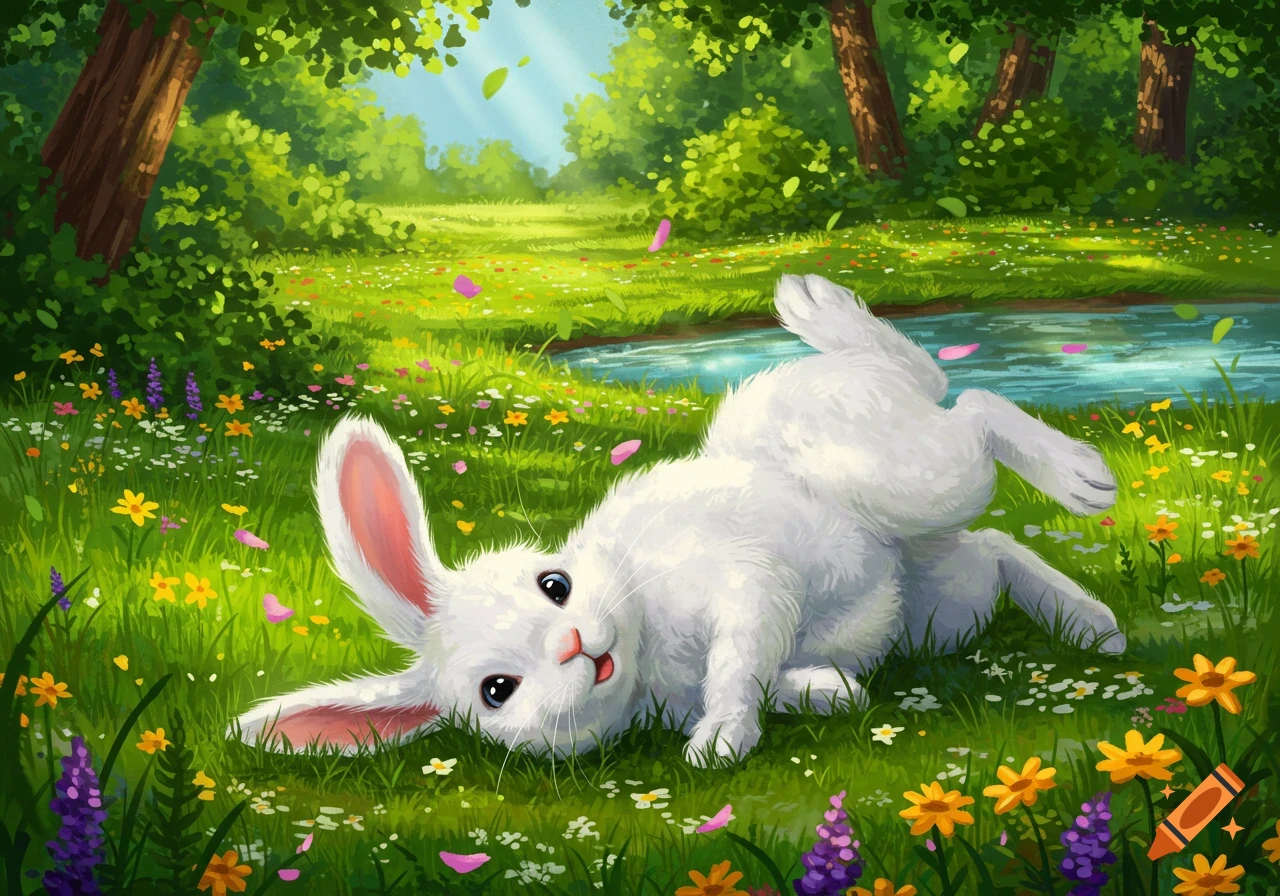 A fluffy white rabbit lies on its back in a vibrant green meadow with ...