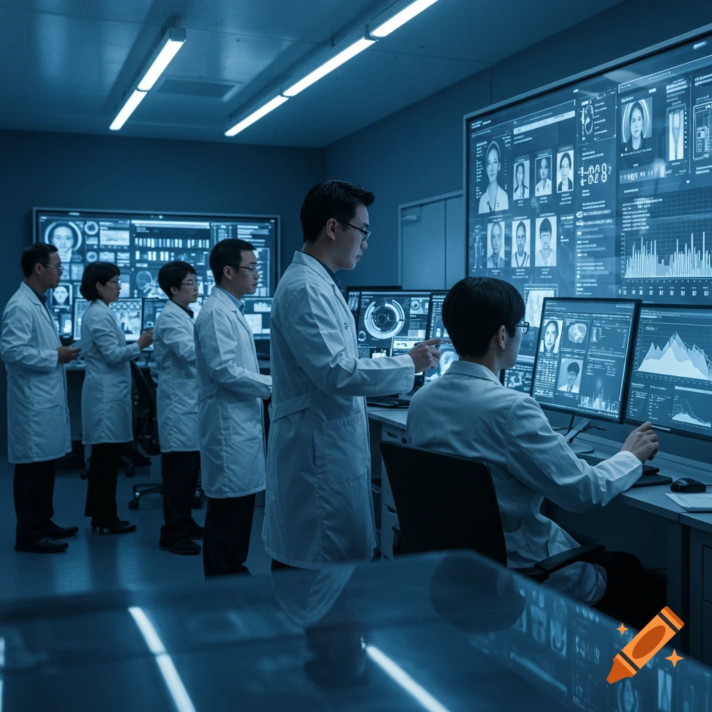 A group of researchers in lab coats analyzing data on large digital screens in a dark, high-tech ...