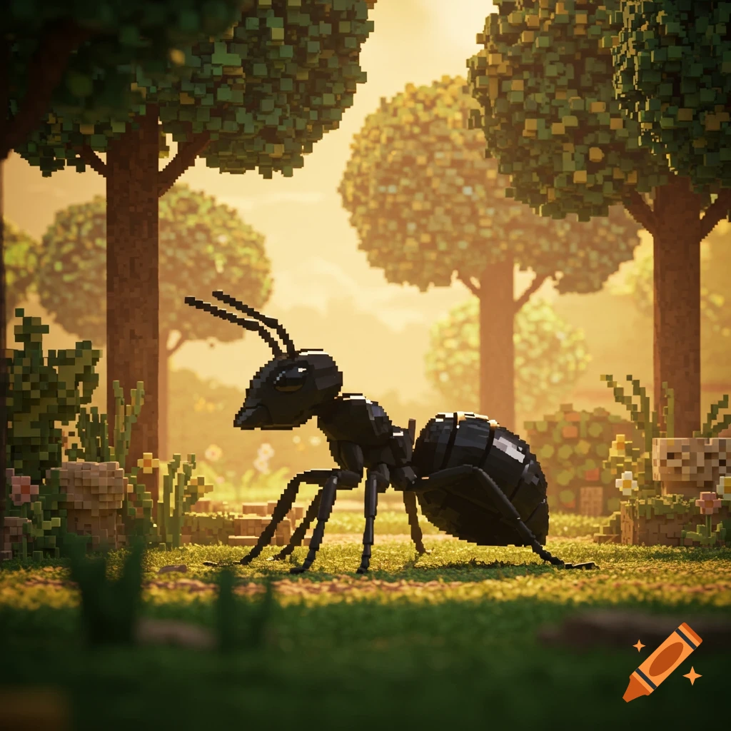 A black ant rendered in pixel art stands on green grass in a sunlit ...