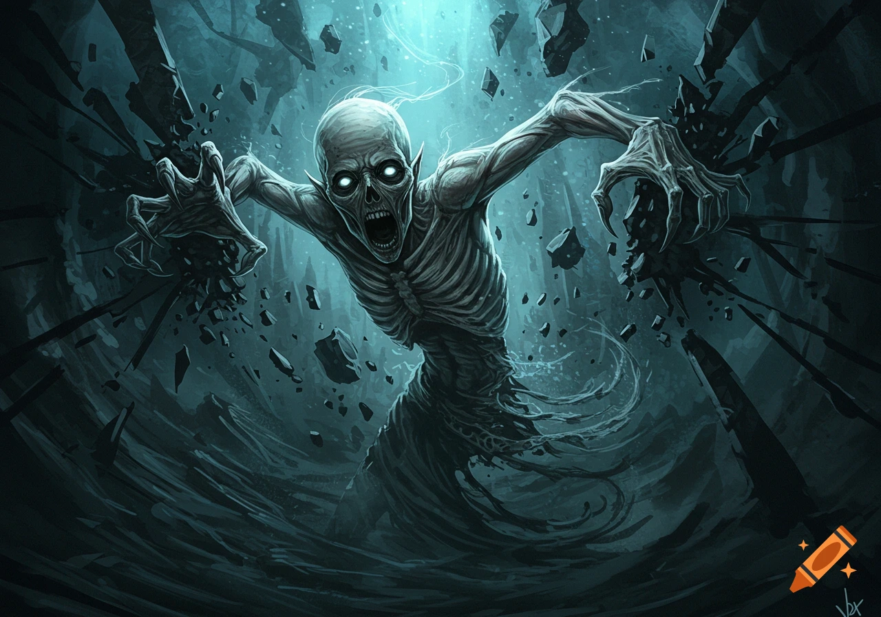 A skeletal, screaming ghoul with glowing eyes and sharp claws emerges ...